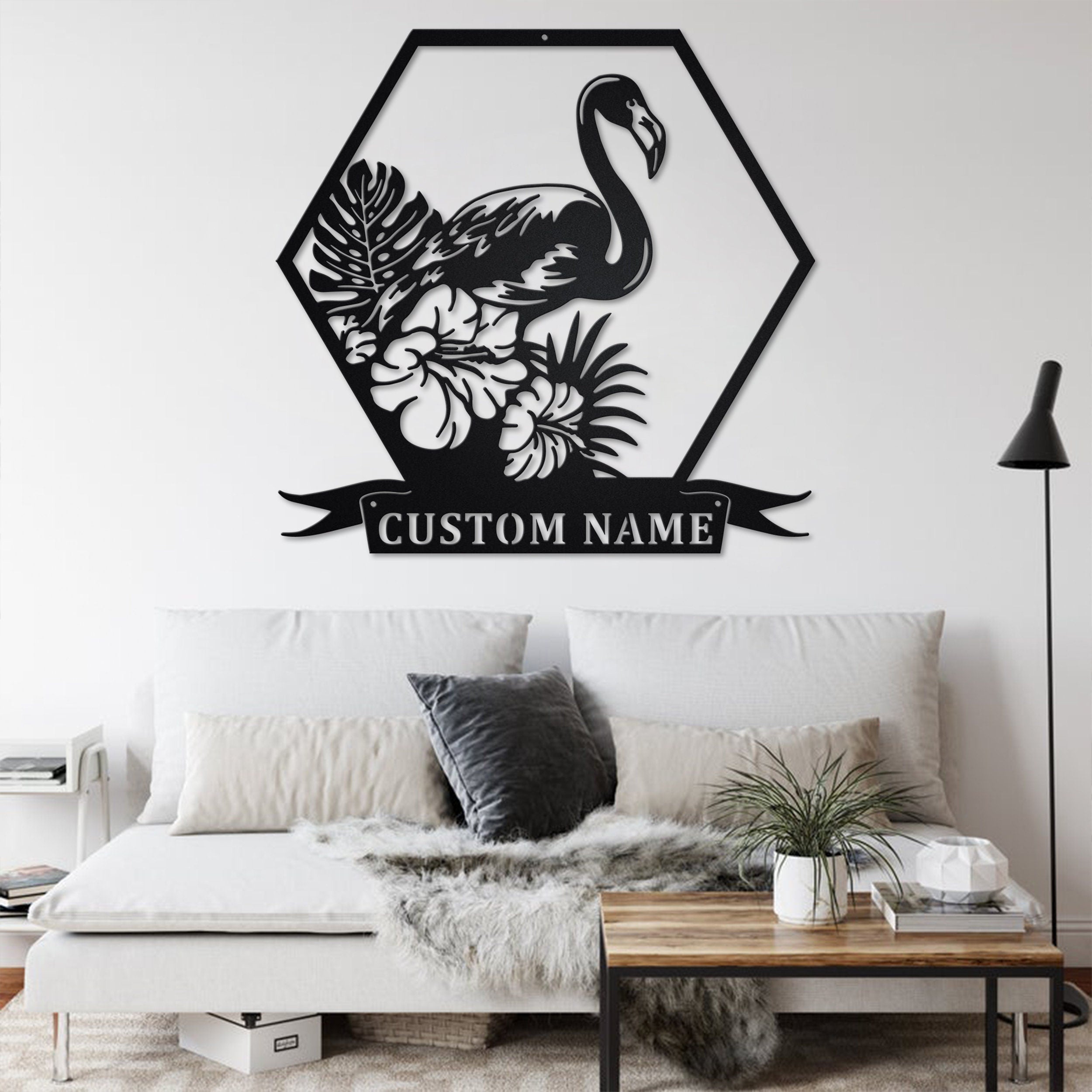 Custom Flamingo Tropical Flowers Metal Wall Art, Personalized Flamingo ...
