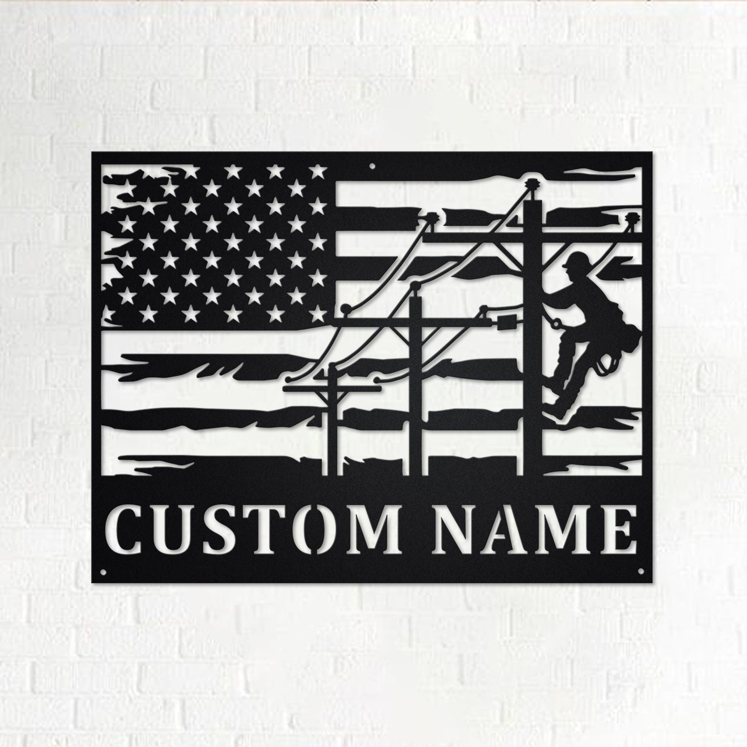 Custom Lineman Usa Flag Round Metal Wall Art, Personalized Lineman Name ...