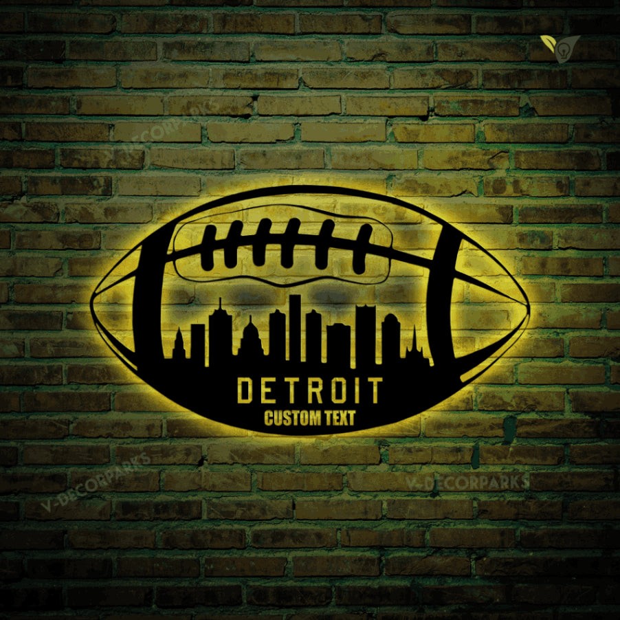 Custom Detroit City Skyline Football Team Metal Sign With Led Lights ...