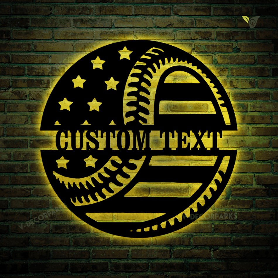 Custom Baseball American Flag Metal Wall Art With Led Lights ...