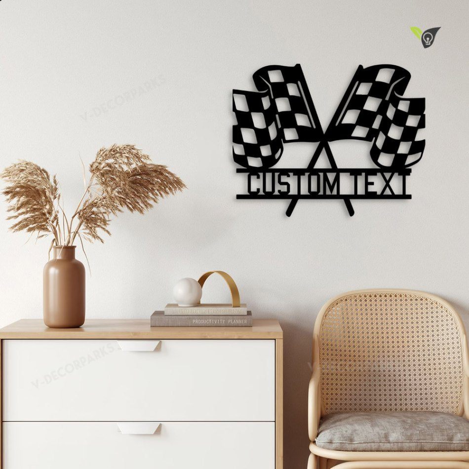 Custom Checkered Flag Racing Monogram Metal Wall Art With Led Lights ...