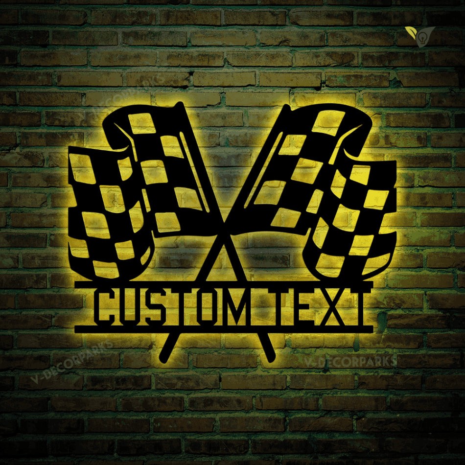 Custom Checkered Flag Racing Monogram Metal Wall Art With Led Lights ...