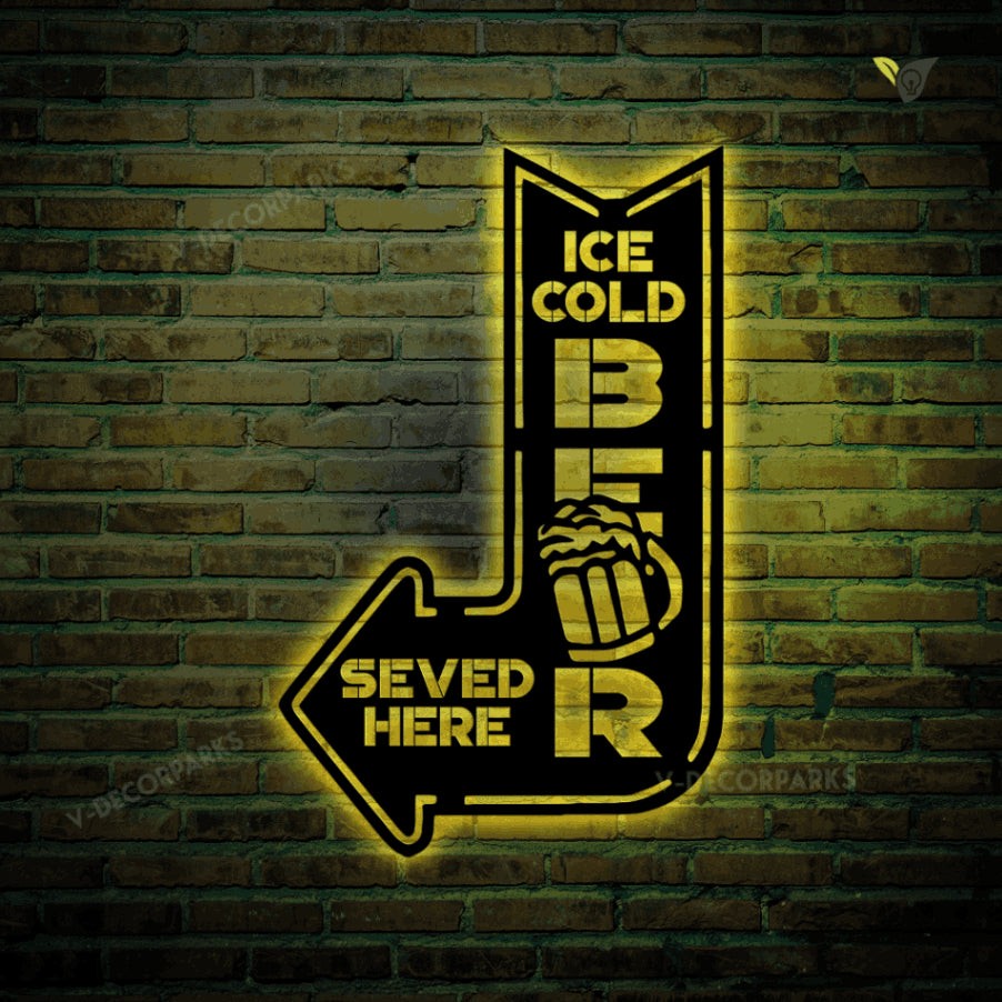 Custom Beer Metal Wall Art With Led Lights, Bar Sign, Ice Cold Beer ...