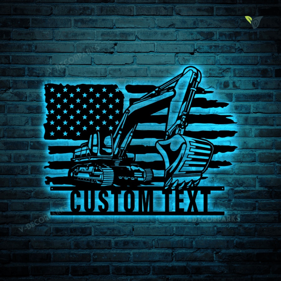 Customized Us Flag Excavator Metal Wall Art With Led Lights, Man Cave ...