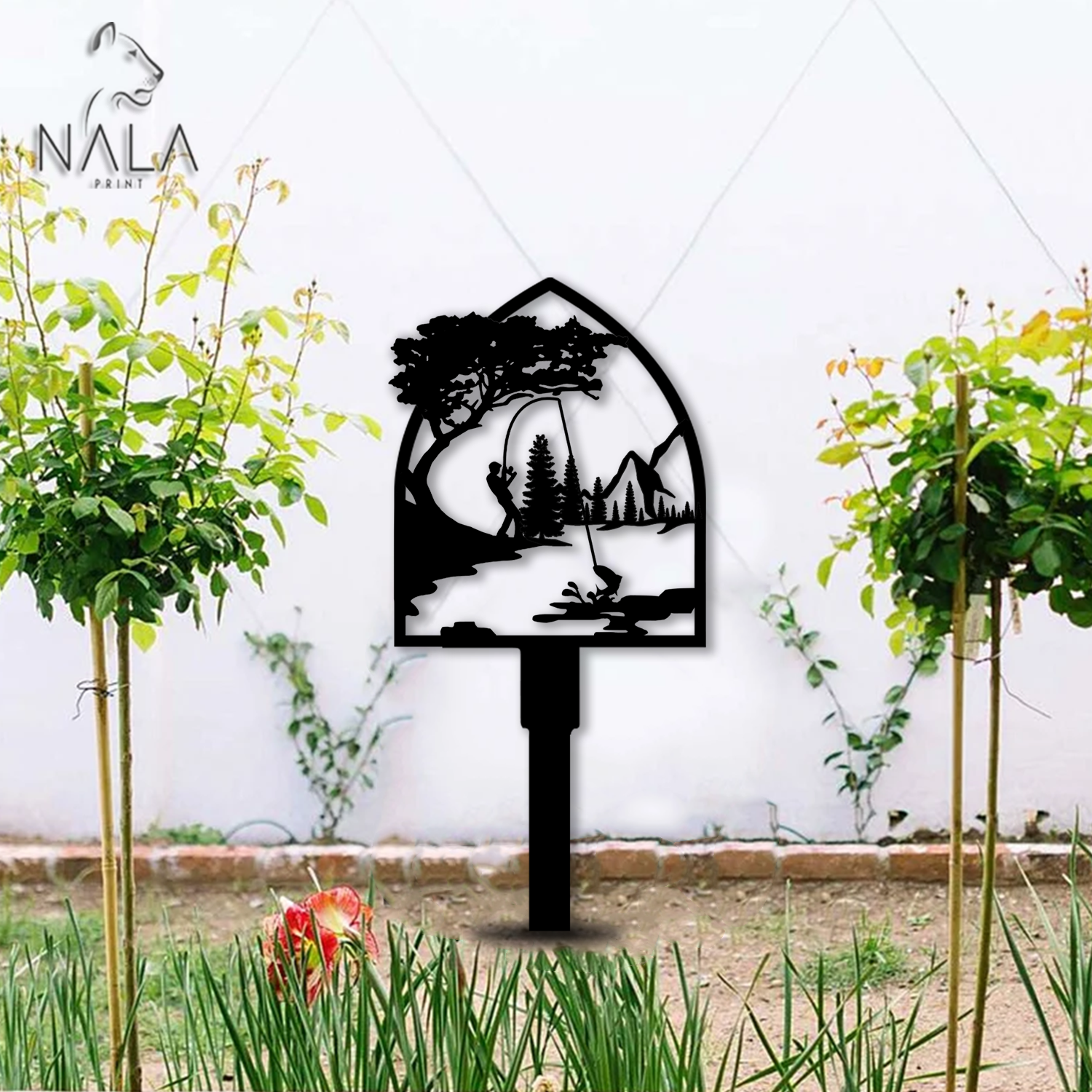 Shovel Man Catching Fish In The Woods Design Metal Garden Sign, Fishing ...
