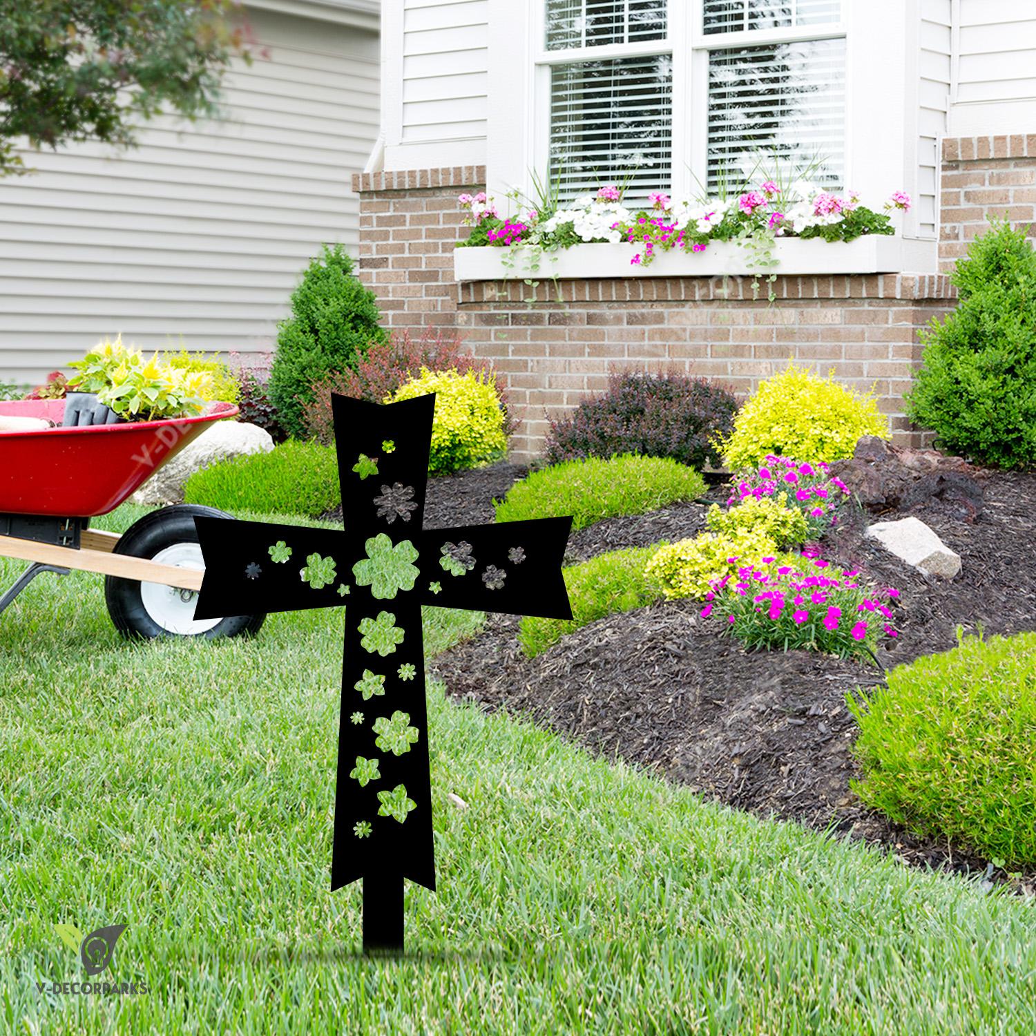 Cross And Flowers Jesus Metal Garden Sign, Holy Cross Stainless Stake ...