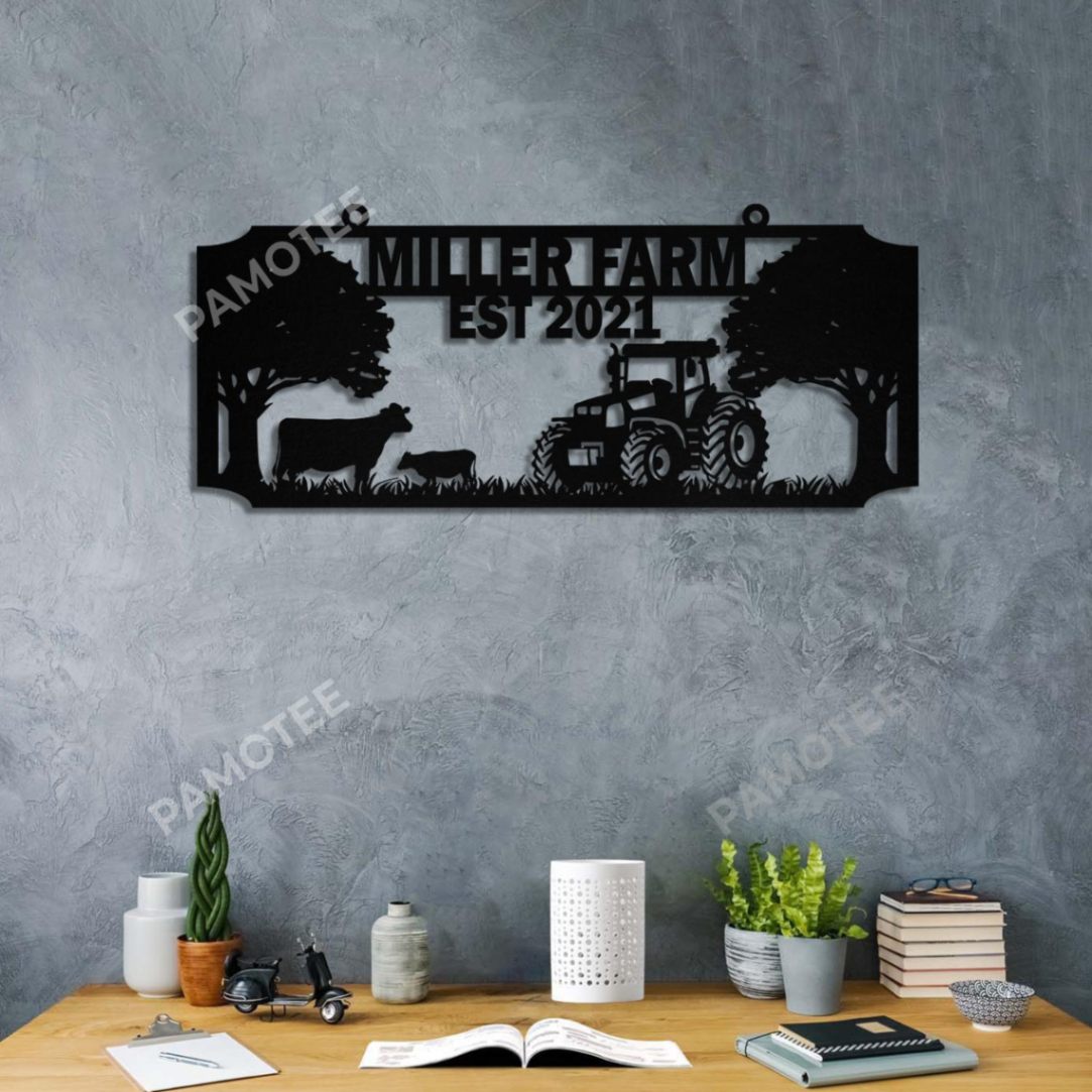 Cow Tractor Big Trees Custom Text Metal Farm Sign, Front Gate Decor ...