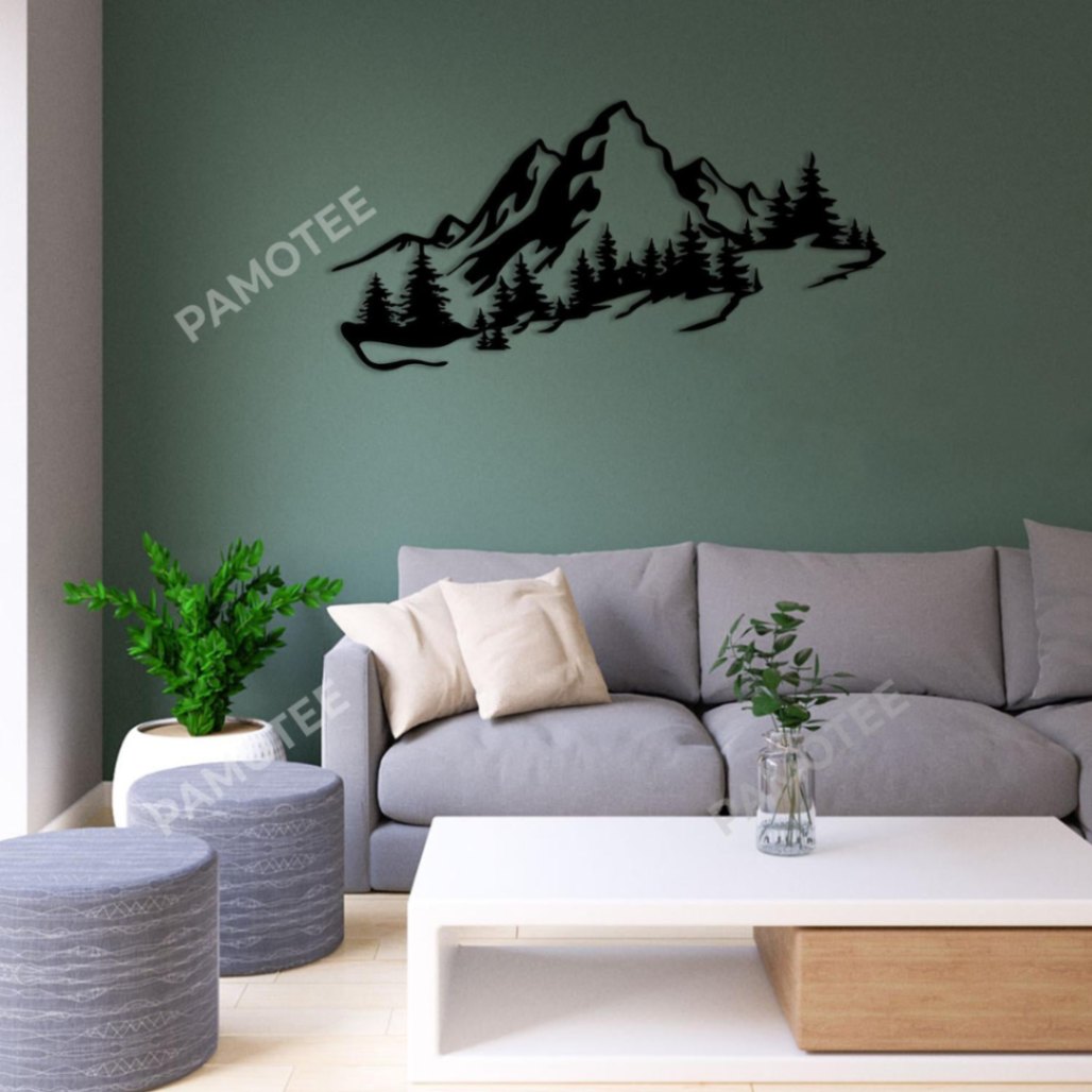Mountain Scene Metal Sign Monogram, Laser Cut Man Cave Wall Art – Pamotee