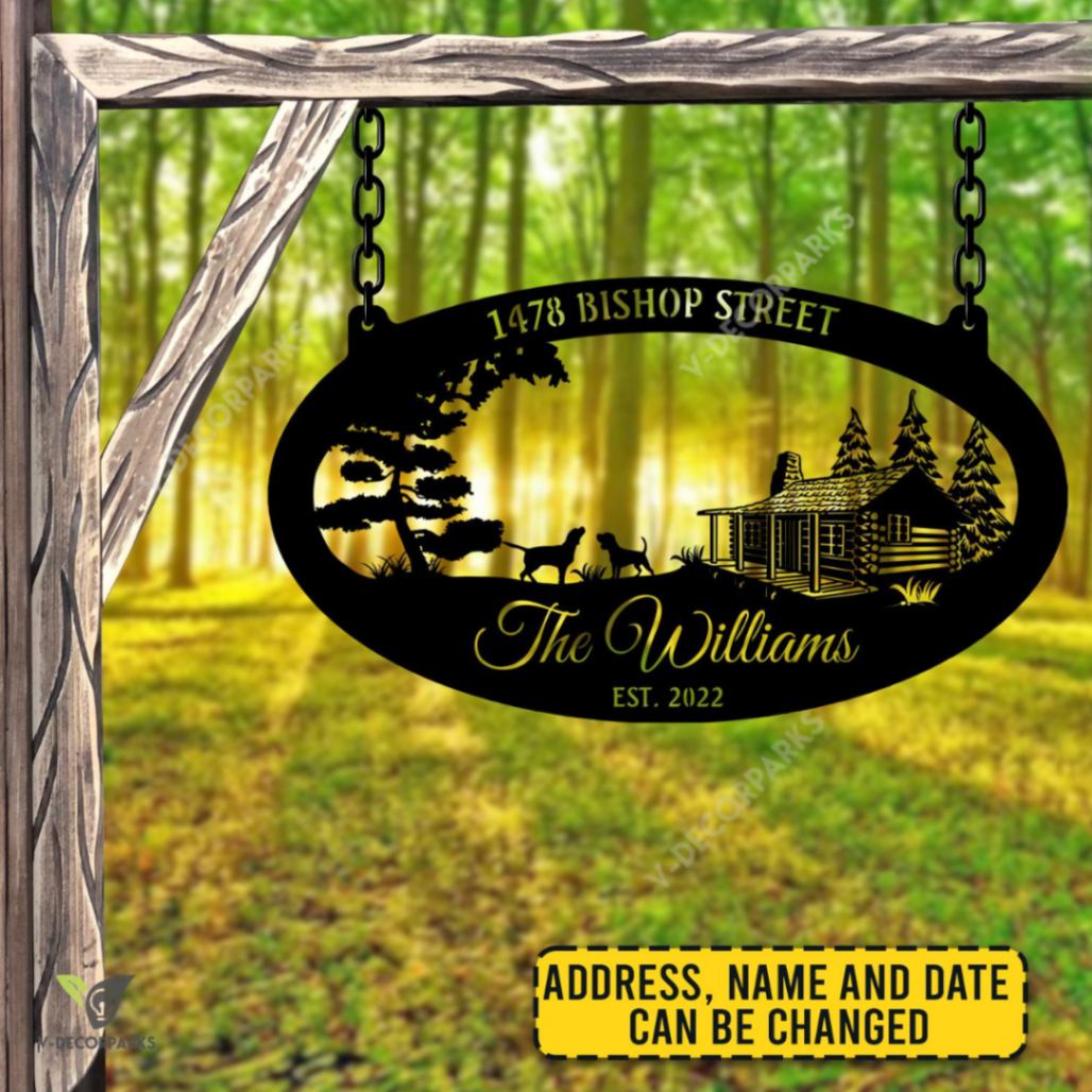 Personalized Cabin With Beagle Dogs Metal Art, Forest House Oval Extra ...