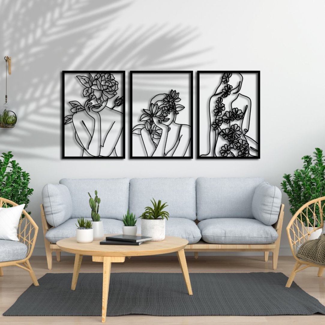 Set Of 3 Floral Female Body Metal Wall Art Woman Body Wall Art Nude