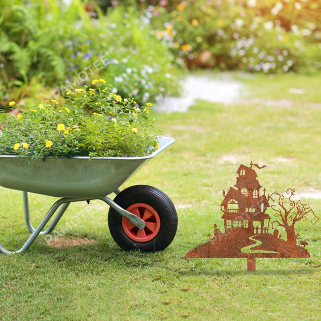 Rusted Haunted House And Sementary Metal Garden Art, Ghost House Welded ...