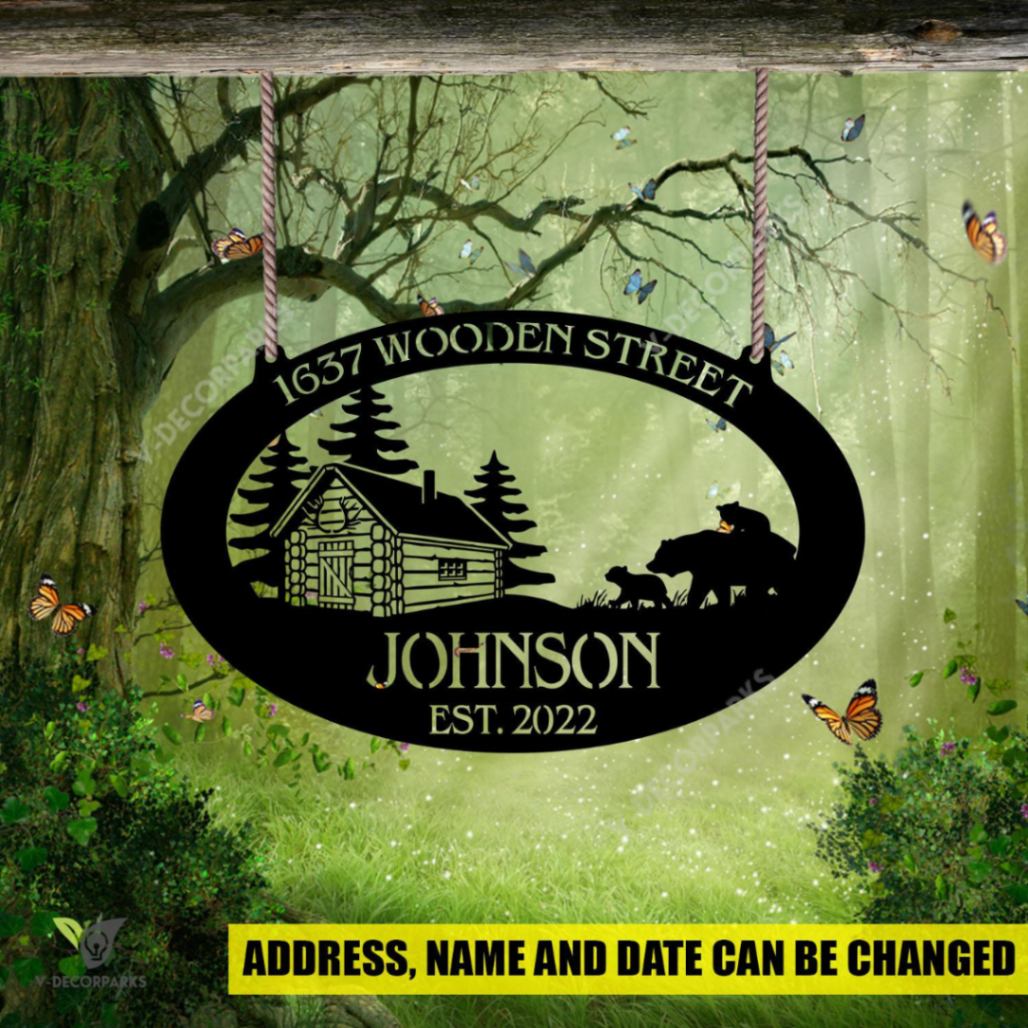 Custom Cabin And Bears Metal Sign, Forest House Steel Wall Decor - Pamotee