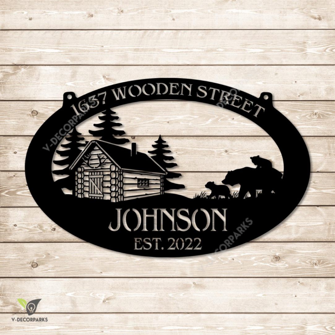 Custom Cabin And Bears Metal Sign, Forest House Steel Wall Decor - Pamotee