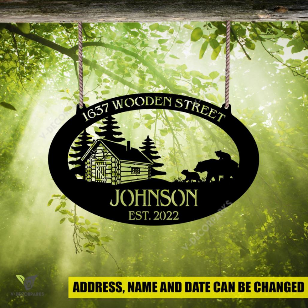Custom Cabin And Bears Metal Sign, Forest House Steel Wall Decor - Pamotee
